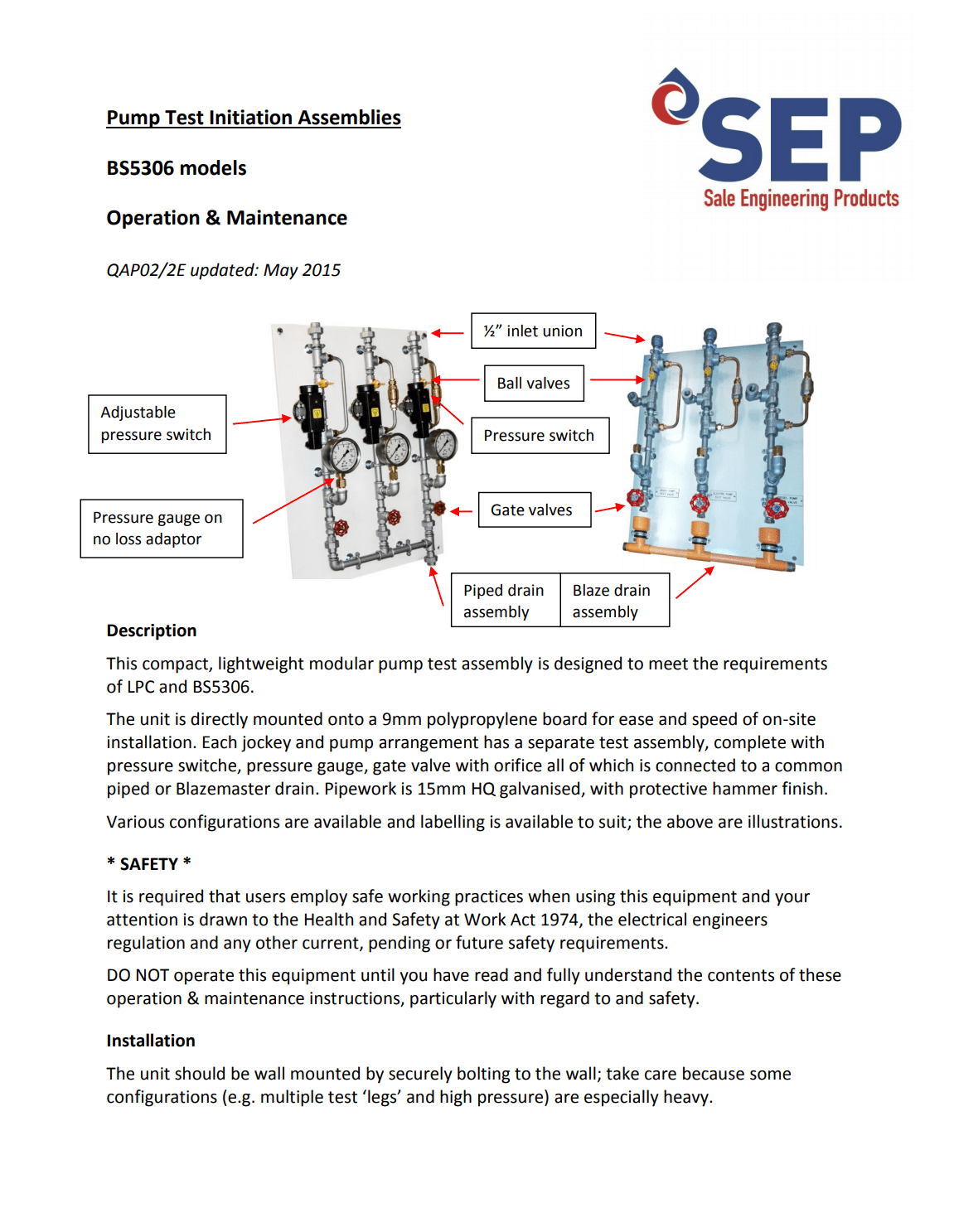 Pump Test Initiation Assembly (BS5306) Operation & Maintenance Manual ...
