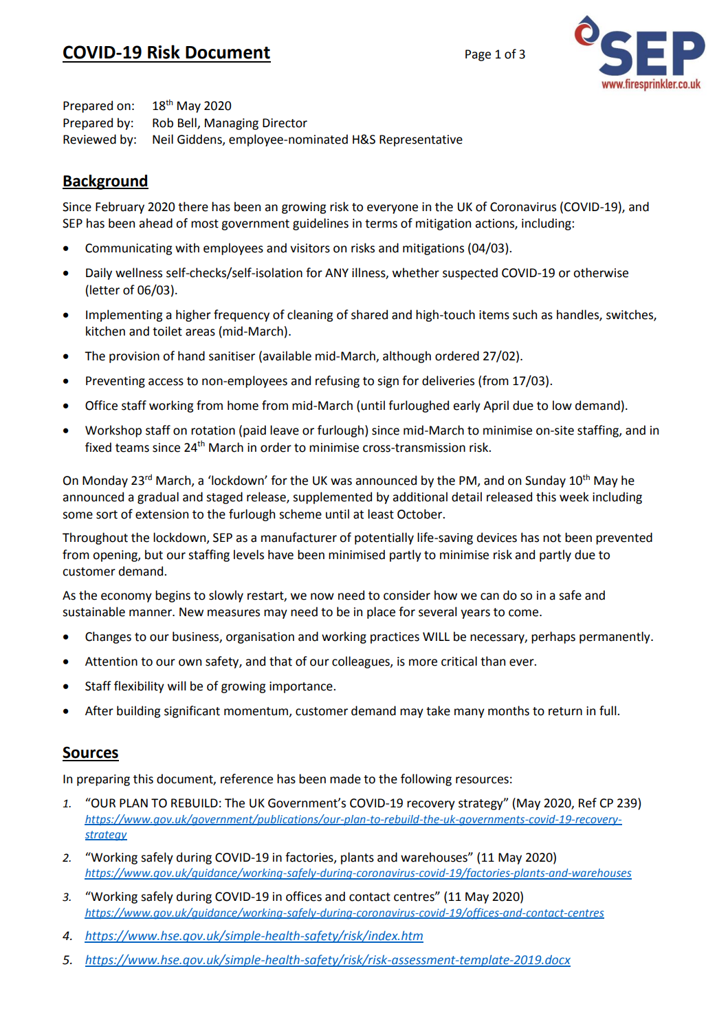 Covid-19 Return To Work Risk Assessment - Sale Engineering Products Ltd