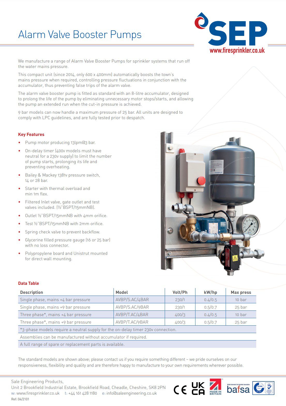 Alarm Valve Booster Pumps data sheet | Sale Engineering Products Ltd