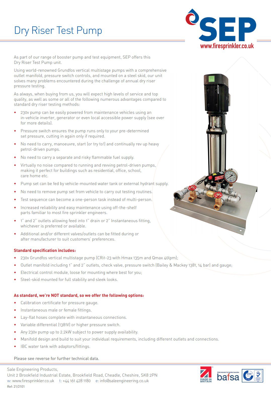 Dry Riser Test Pump data sheet | Sale Engineering Products Ltd
